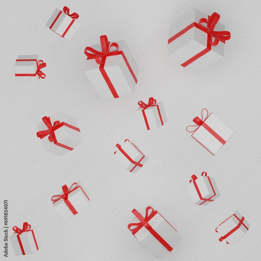 white gift boxes wrapped with red string. Gift boxes of various sizes ...