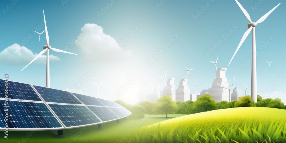 renewable energy banner background with green energy as wind turbines ...