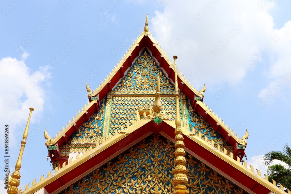 Double isosceles triangle shape gable and roof of Buddhism church and ...