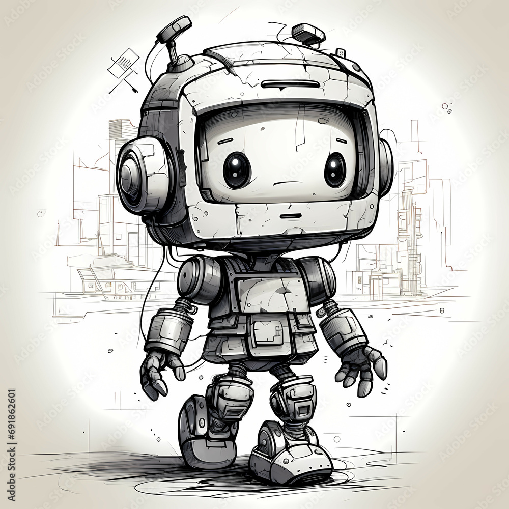 Character Sketch Of A Child Robot, a cartoon character with a square ...