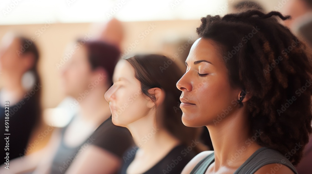Tranquil woman meditates with group during yoga session. Quite sporty ...
