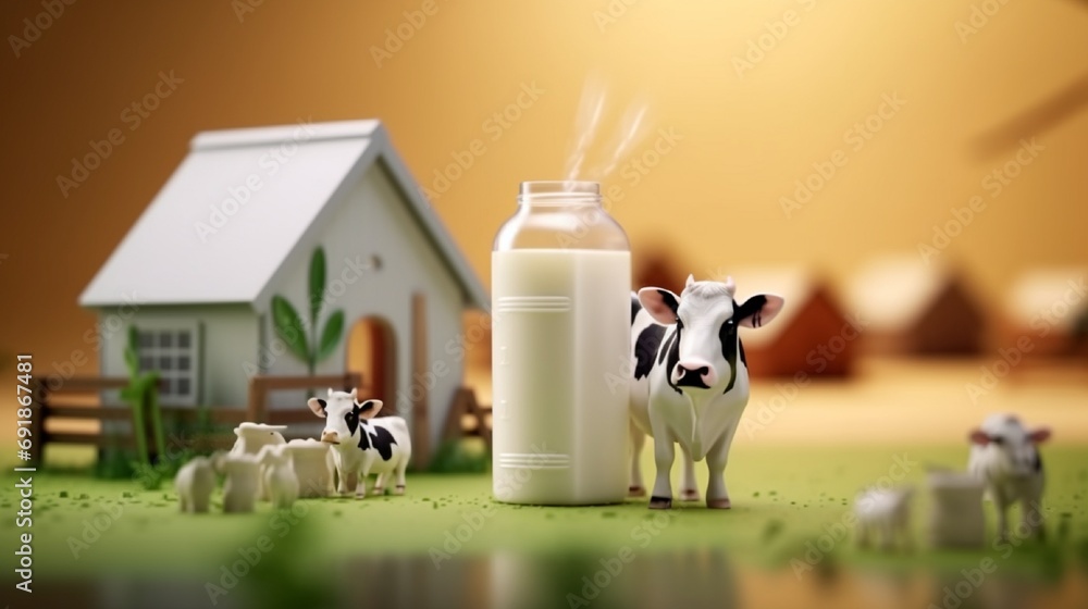 little model of dairy farm with little cow and bottle of milk generated ...