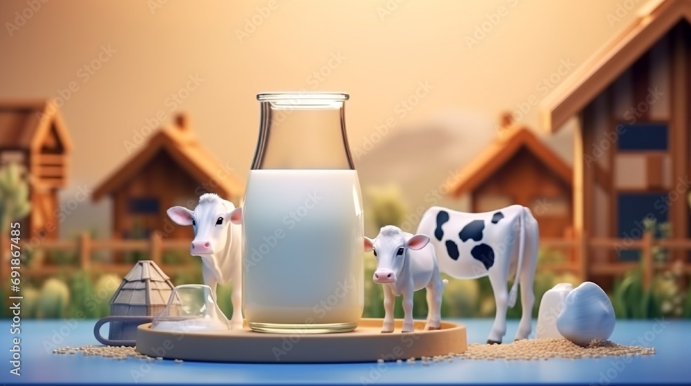 little model of dairy farm with little cow and bottle of milk generated ...