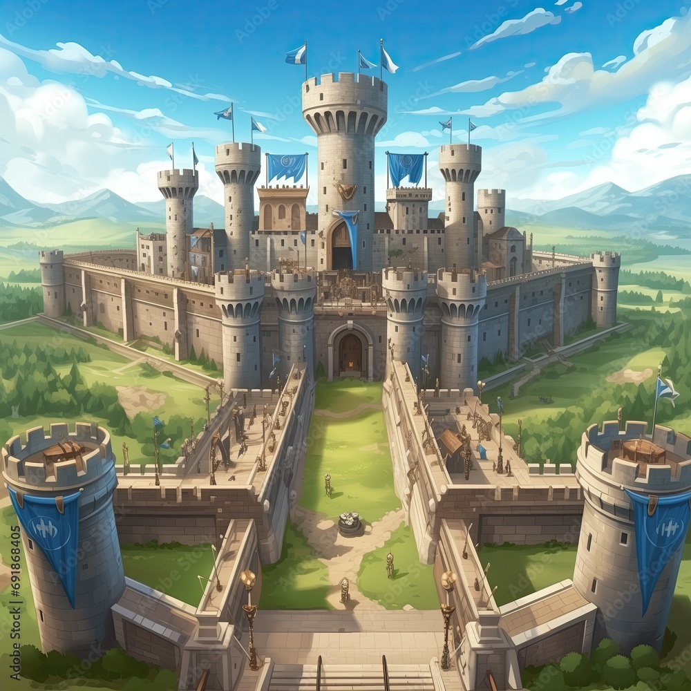 Kingdom castle and rook towers. Fence. Computer game. Game location ...