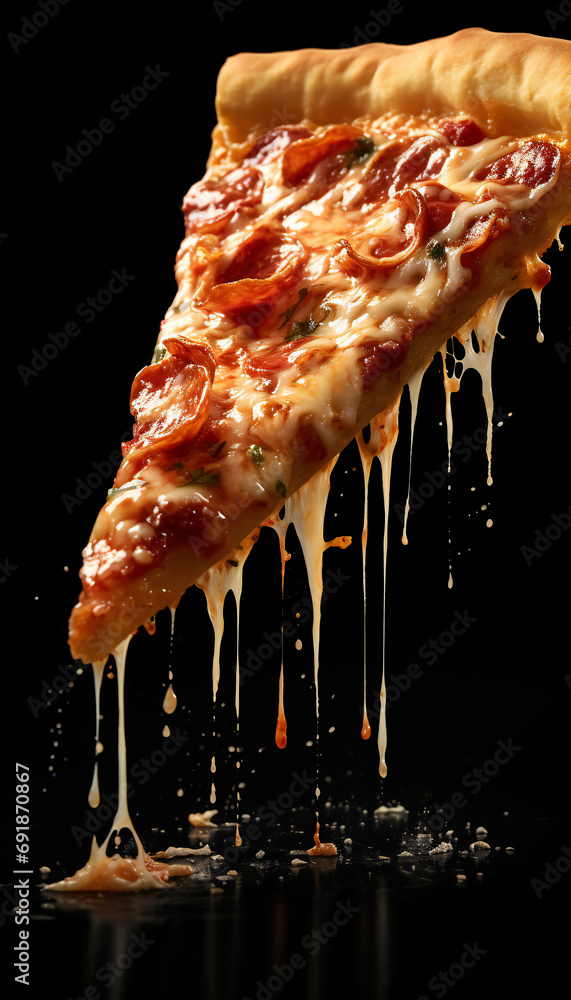 Vertical recreation of triangular slice of creamy pizza falling with ...