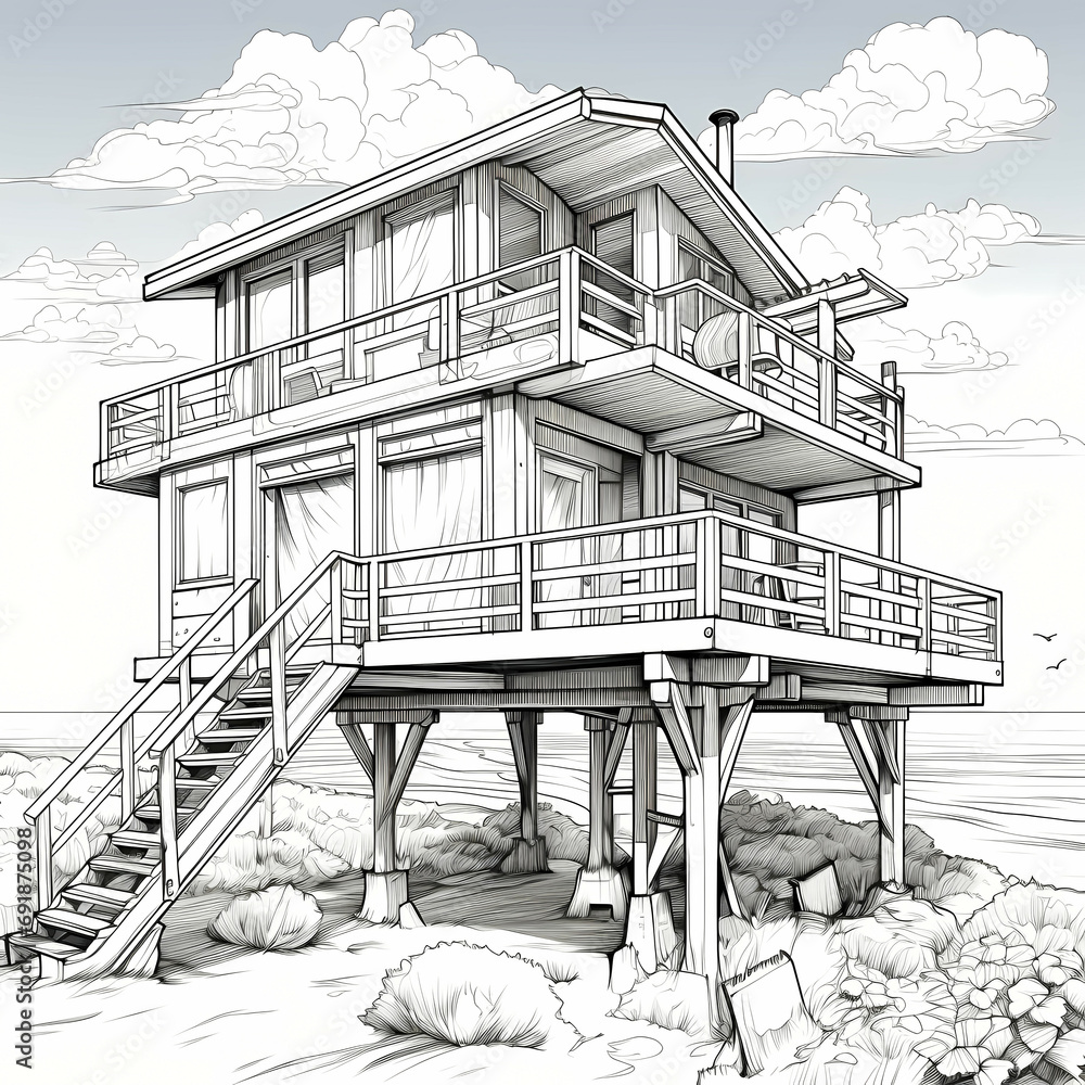 Mono Colour Colouring Sheet Of A Modern Stilt House, a drawing of a ...