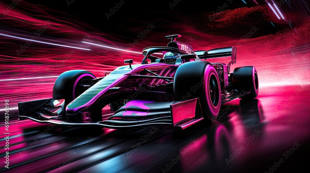 Fast racing car with racer driving along the street with blurred lights ...