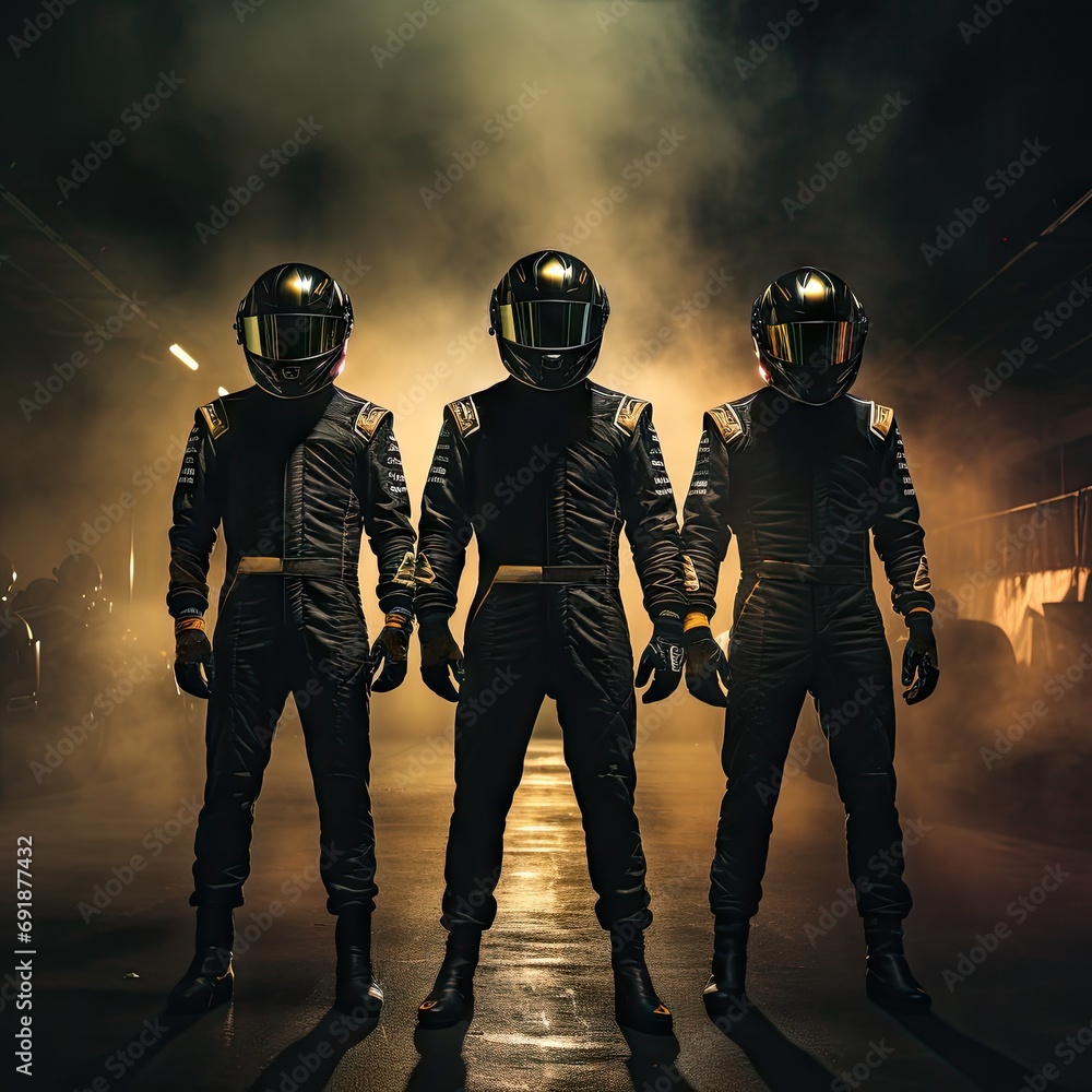 Men in leather costumes and helmet, racers standing in a line over dark ...