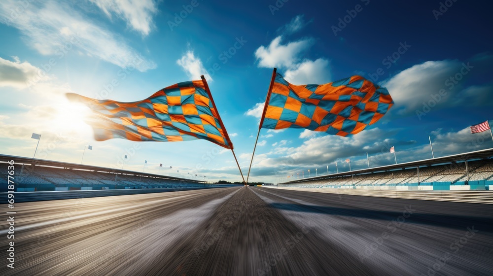 Colorful flags on empty racing road, racing track on daytime. Ready ...