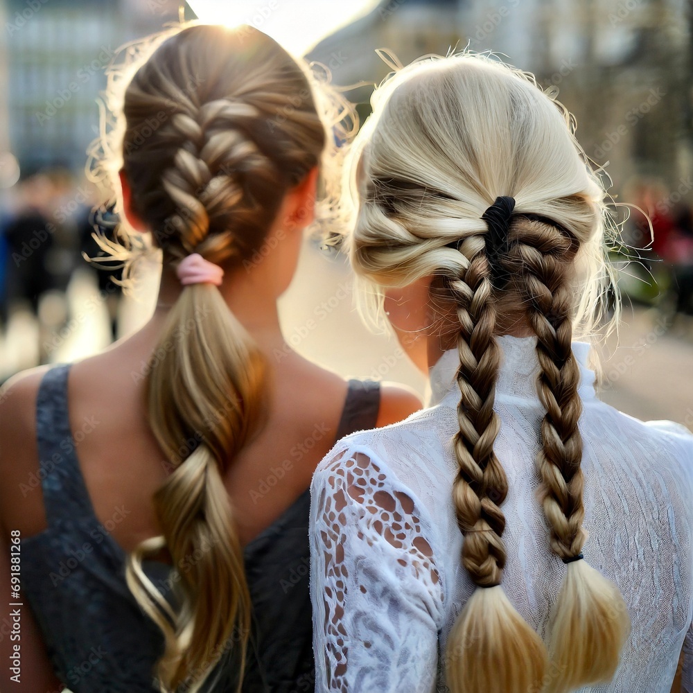 Zwei Mädchen von hinten beim Stadtbummel mit schönen Zopffrisuren ...