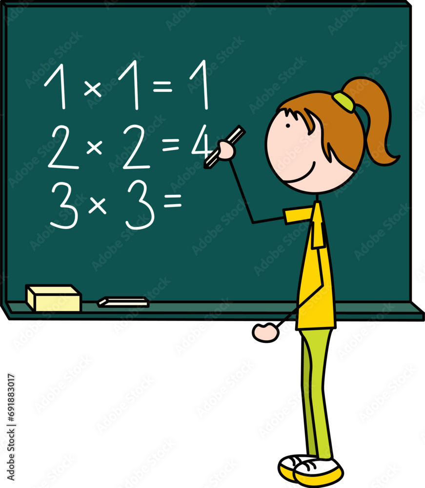 Cartoon illustration of a girl writing multiplication tables on a ...