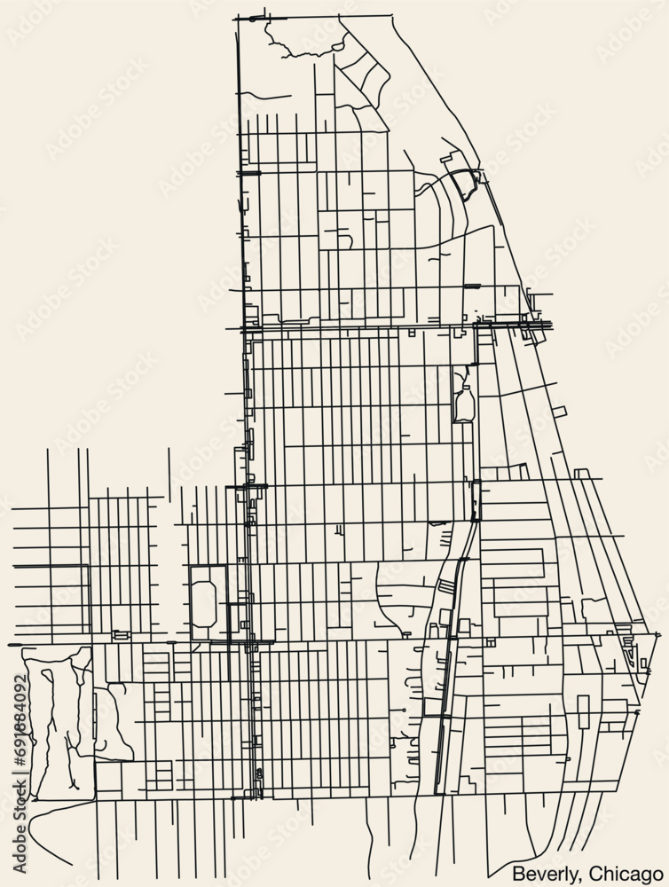Detailed hand-drawn navigational urban street roads map of the BEVERLY ...