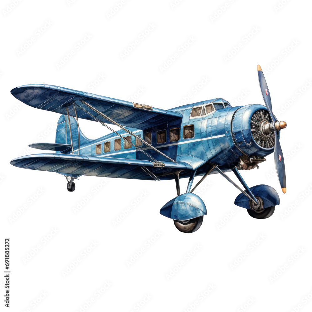 A blue motor biplane, isolated on a transparent background, PNG banner ...