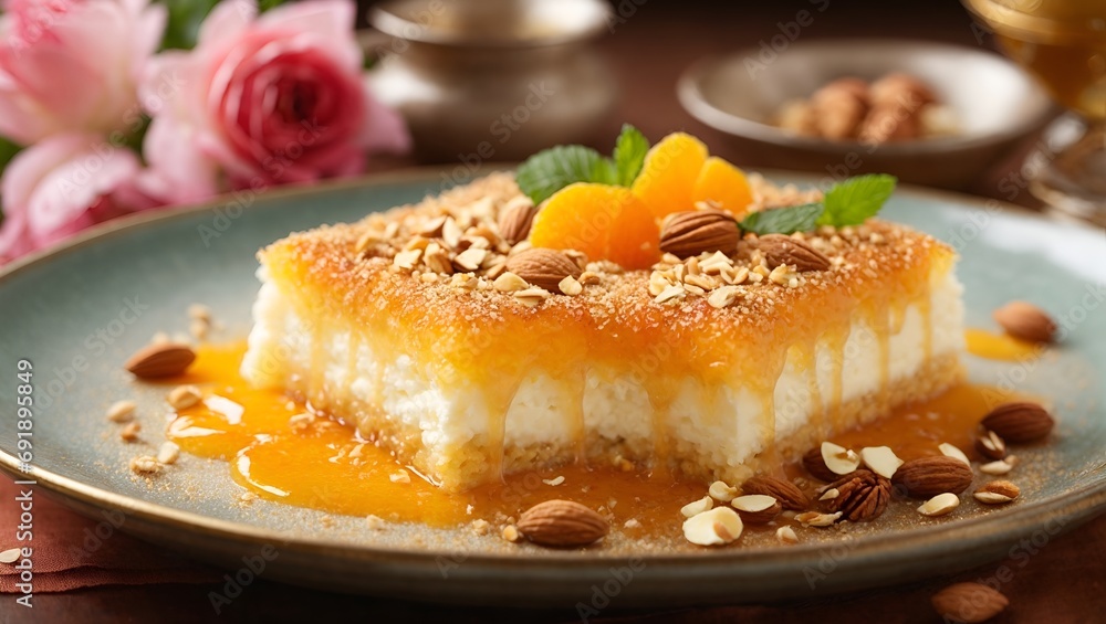 Detailed food photography, knafeh levant golden pastry, rich textures ...