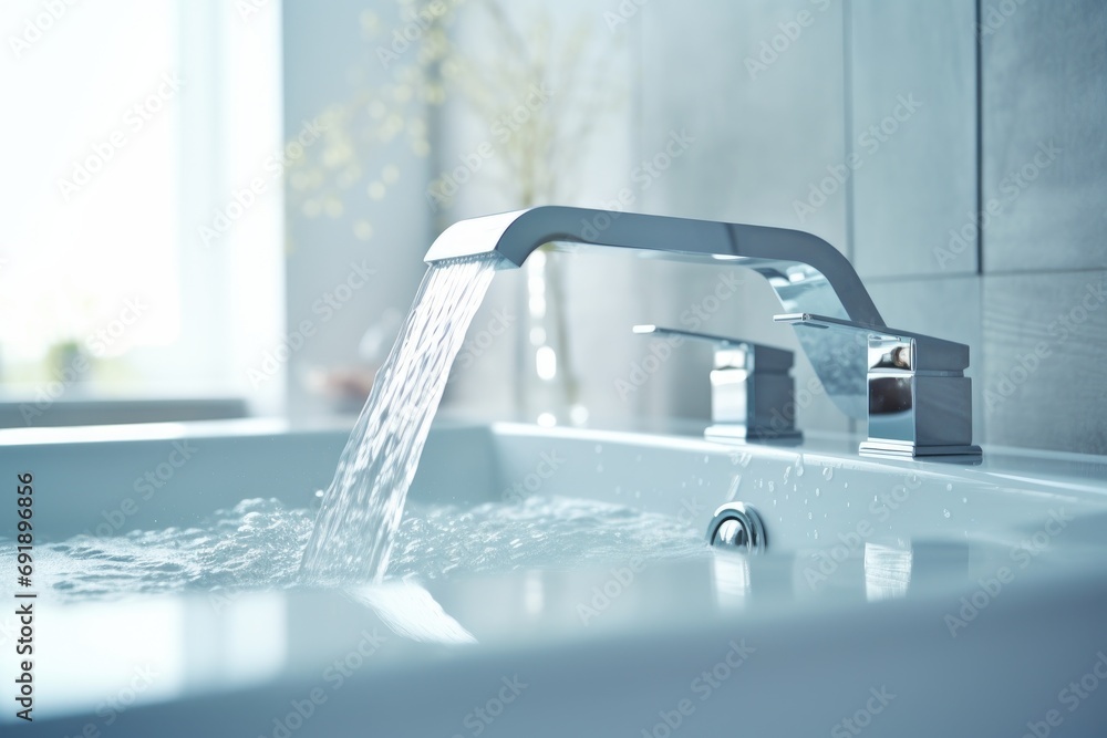 Faucet with clear flowing water into a white bathtub, modern bathroom ...