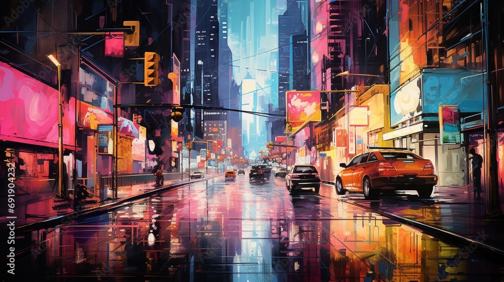 the essence of a neon-lit cityscape, its vibrant colors illuminating ...