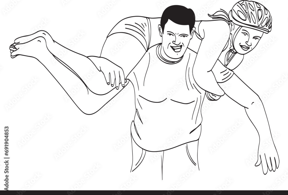 Vetor de Cartoon illustration of a husband carrying wife race, Wife carrying competition sketch ...