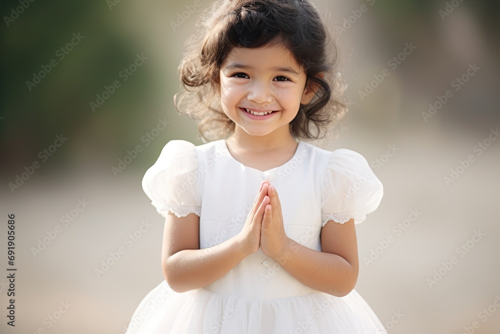 A cute little girl with innocent eyes and folded hands makes a prayer ...
