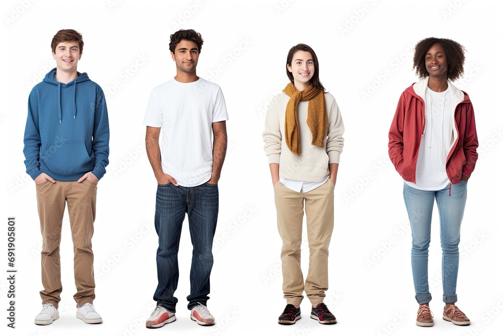 Diverse group of friends standing confidently together against a white ...