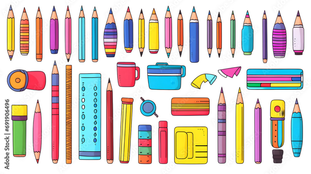 Color pencils collection with doodle pictures hand drawn. Vector ...