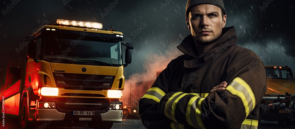 Confident fireman wearing protective uniform standing next to a fire ...