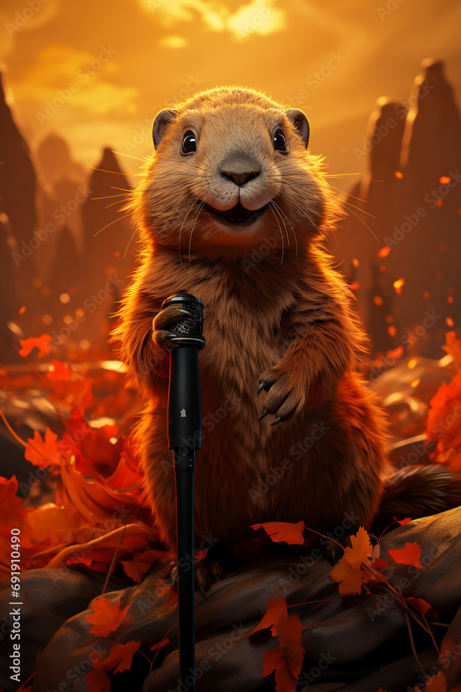 Phil groundhog with a microphone announcing the spring of Groundhog Day ...