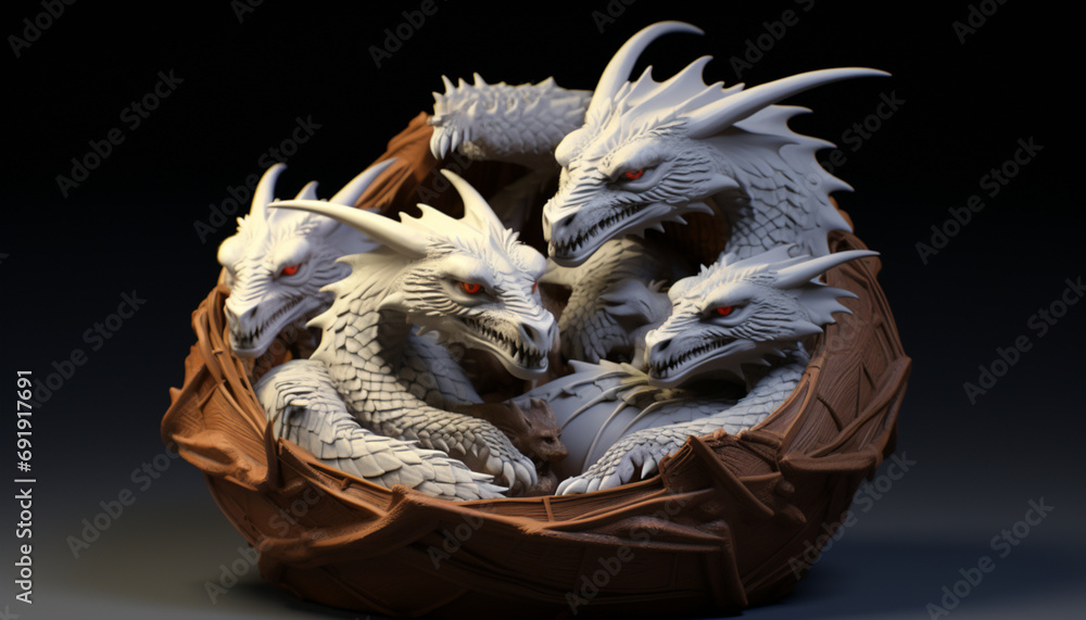 Design a 3D model of a dragon family nestled together in a cozy nest ...