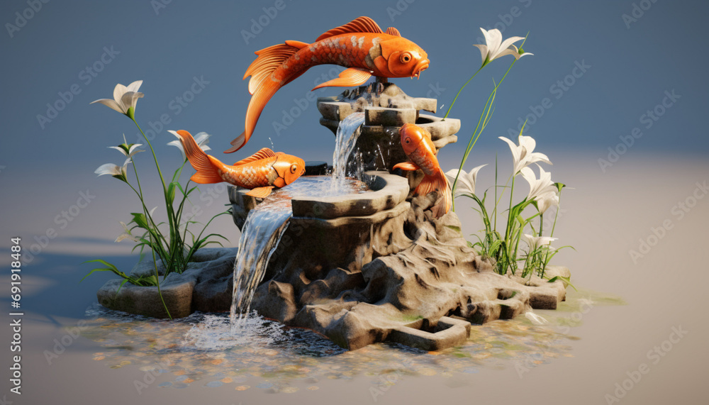 Design a 3D model of a serene koi fish pond, complete with water ...