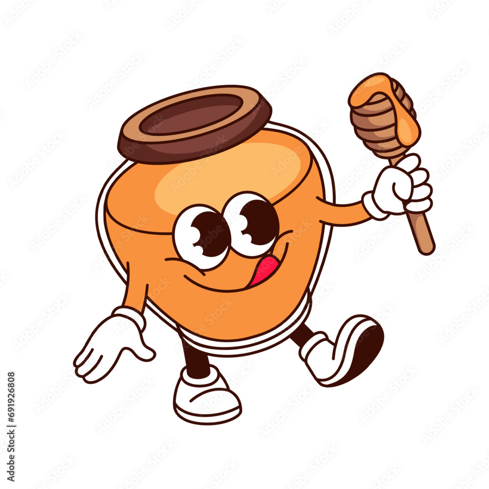 Groovy honey bee pot cartoon character with dipper. Funny honeybee ...