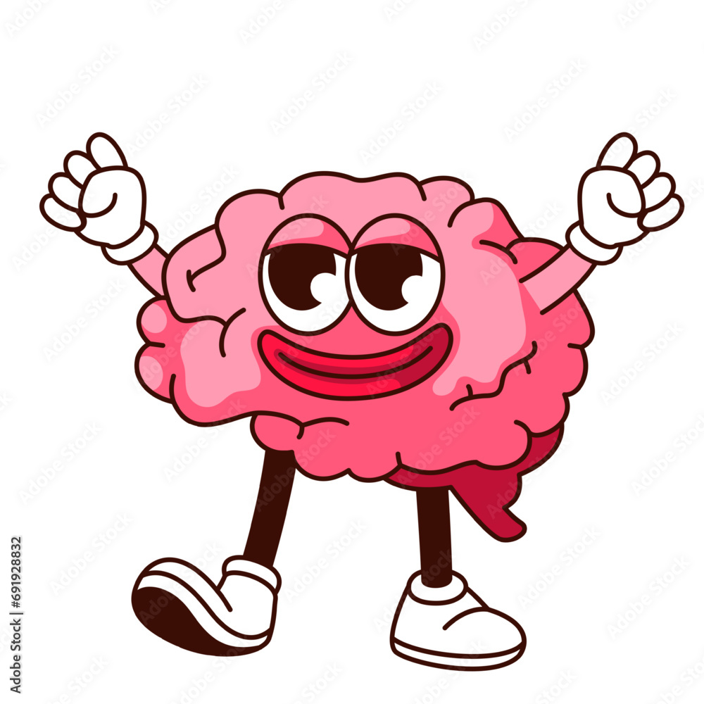 Groovy brain cartoon character with confident pose. Funny happy human ...
