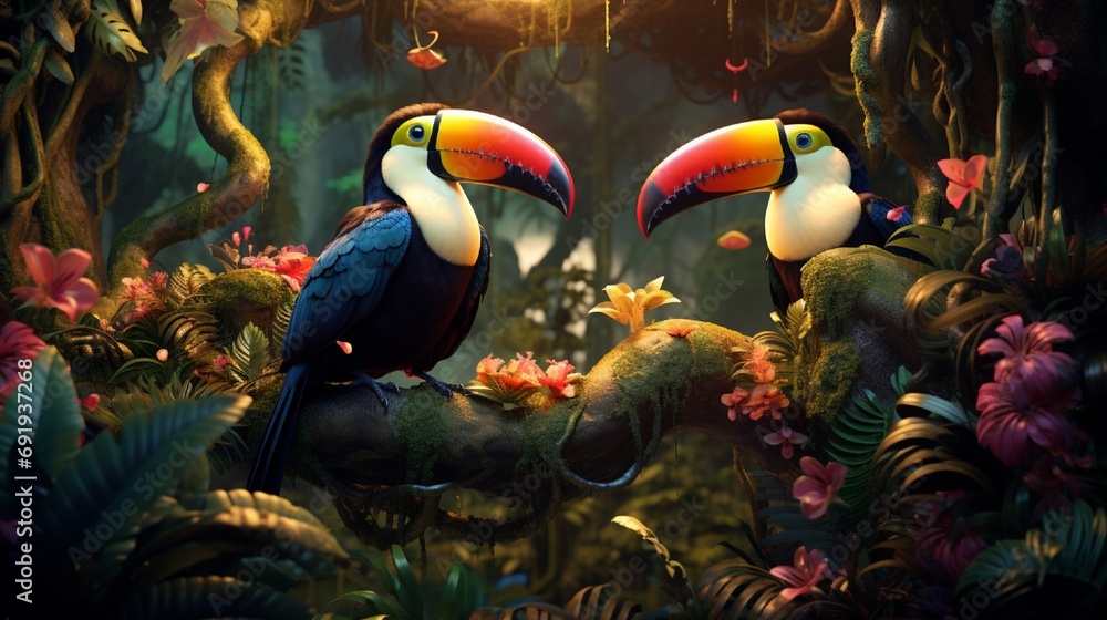 Create an immersive scene of two AI-generated toucan tropical birds in ...