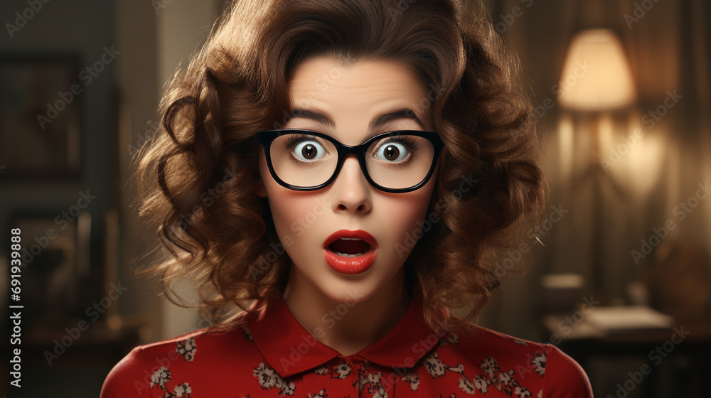 Young girl wearing red color shirt and with surprised gesture. 50s pin ...