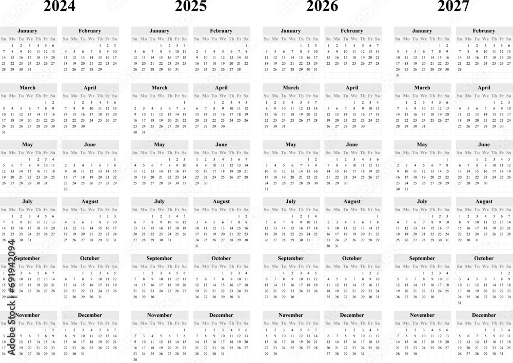 Calendar 2024 vector template layout vector image. 2024 Yearly English ...