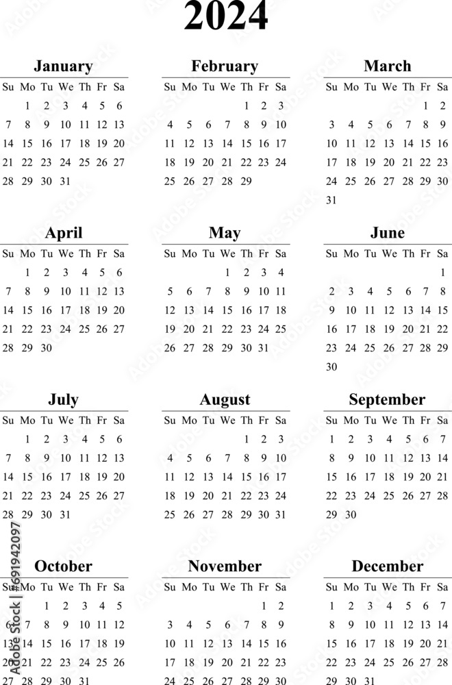 Calendar 2024 vector template layout vector image. 2024 Yearly English ...