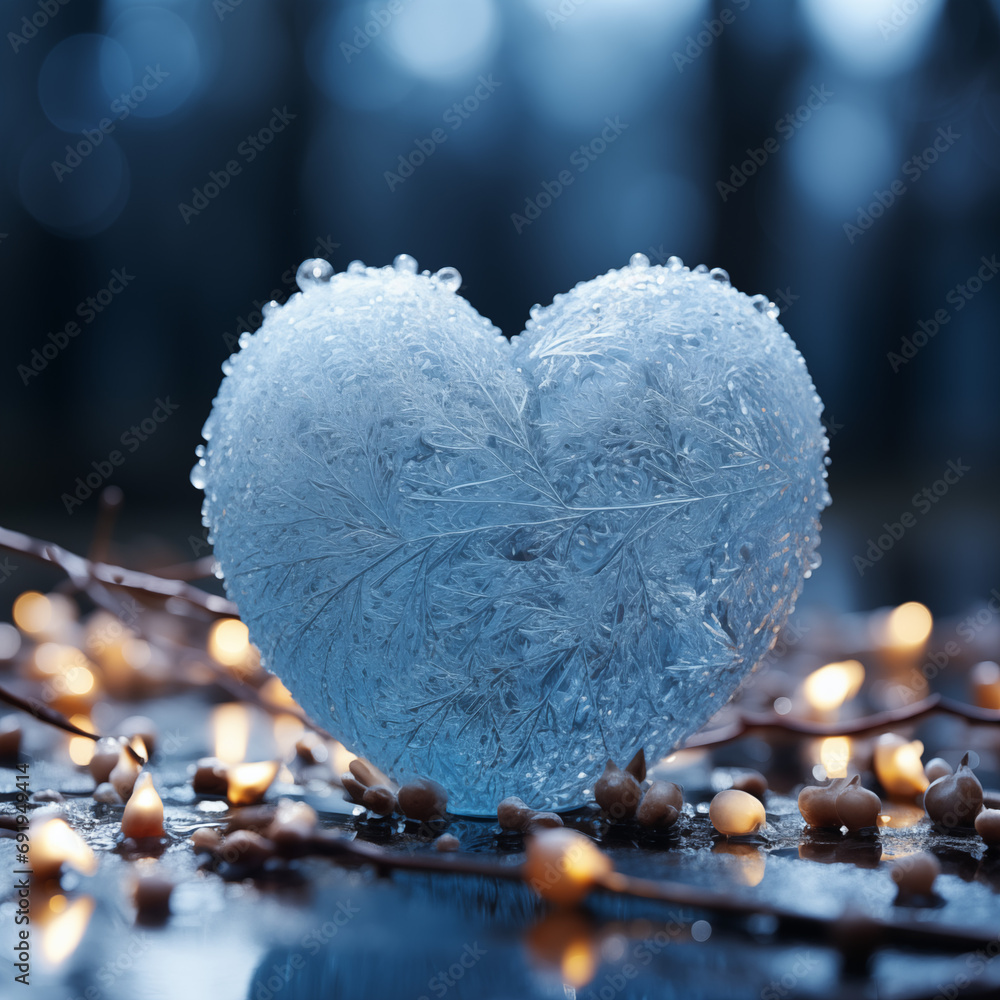 Corazón escarchado hielo azul, fondo invernal, nieve y luces tenues ...