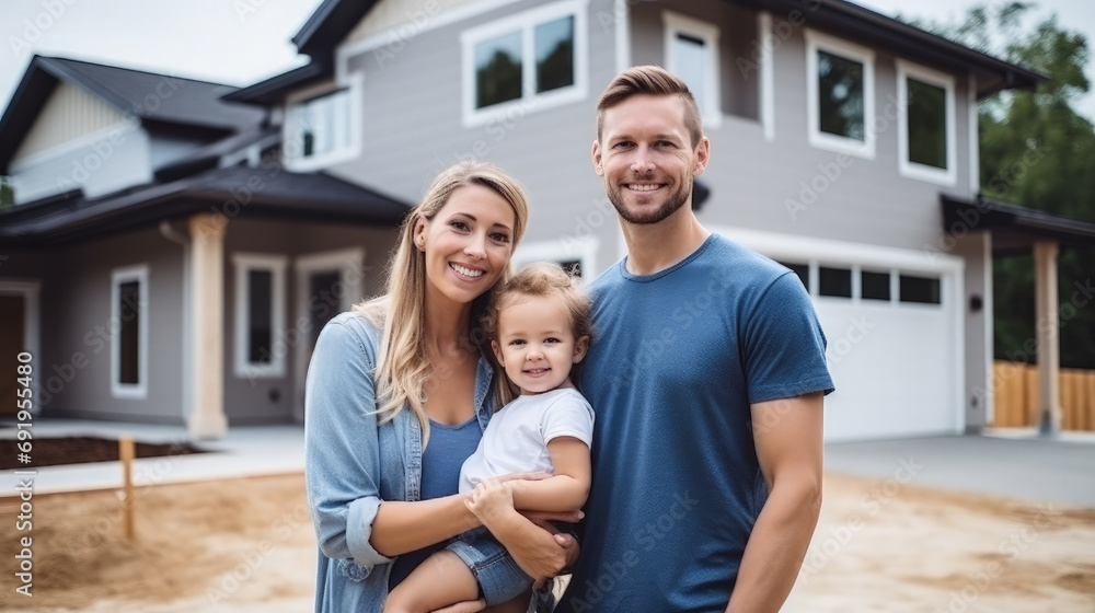 Group portrait photo of young family standing together in front of new ...