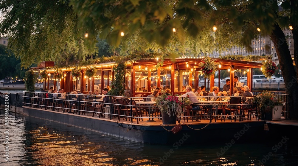 péniche restaurant au bord de l'eau avec terrasse ombragée et ...