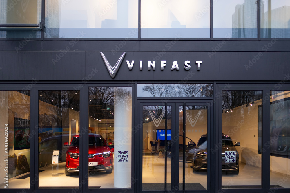 Advertising banners of Vinfast, showroom vingroup Sales Office, emblem ...