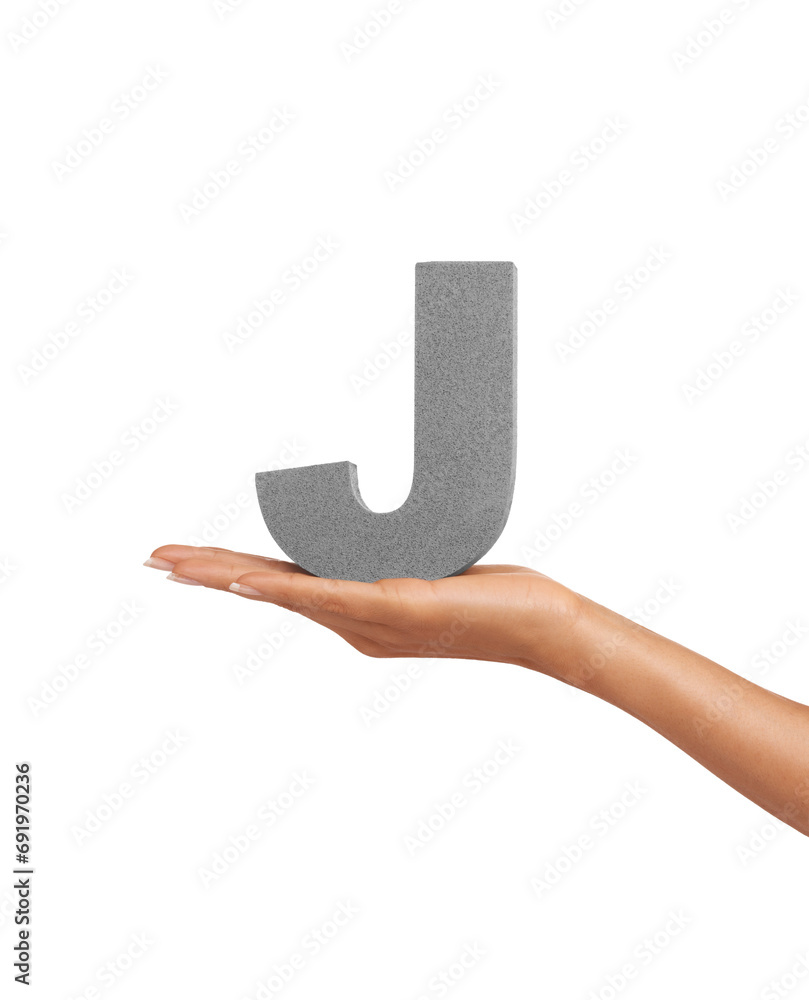 Hand of woman, font letter J and presentation of consonant isolated on ...