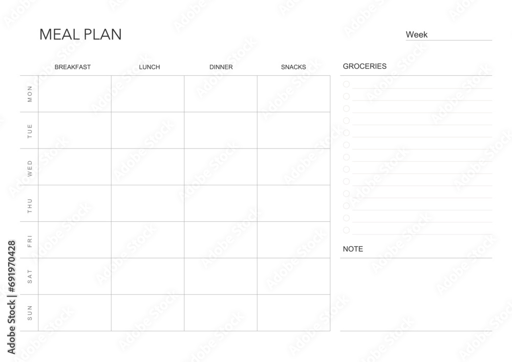 Vetor de meal plan, minimalistic weekly meal planner printable template. Meal planning and ...