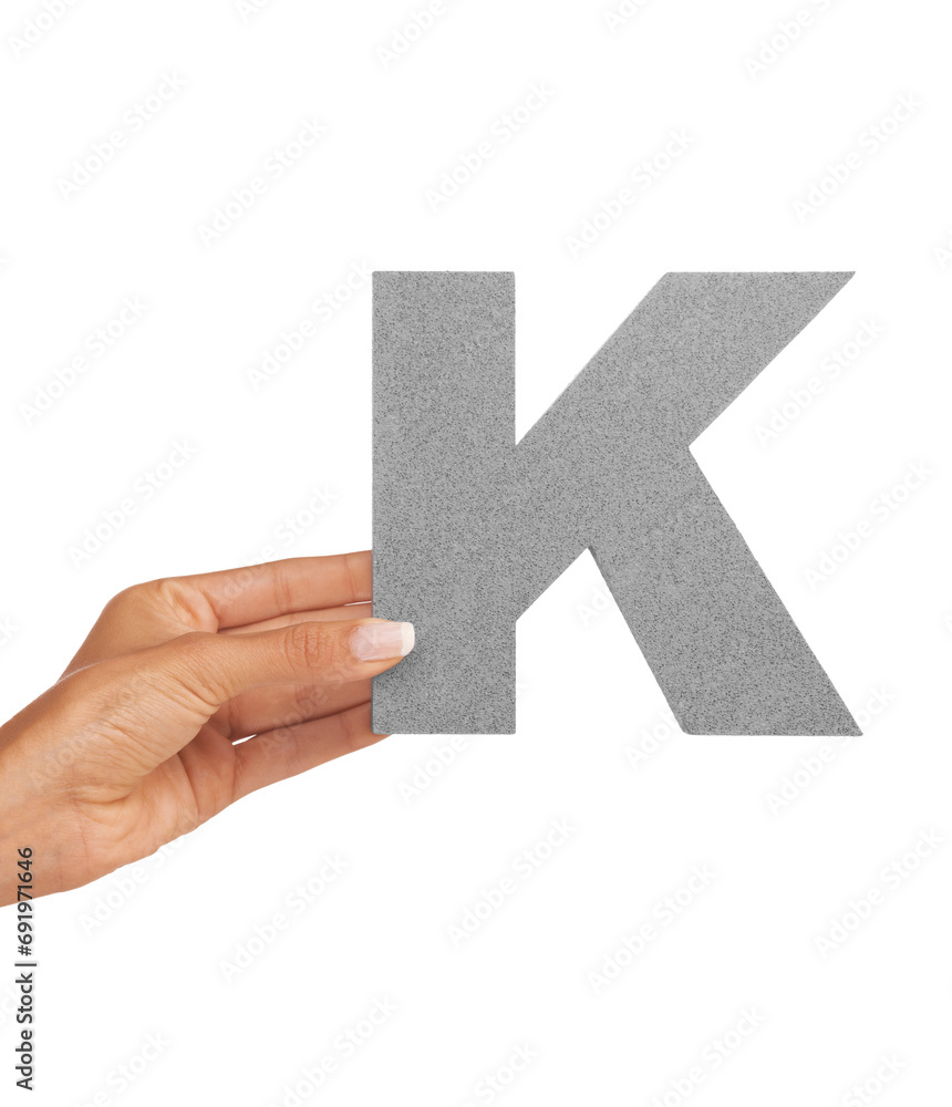 Hand of woman, font letter K and presentation of consonant isolated on ...