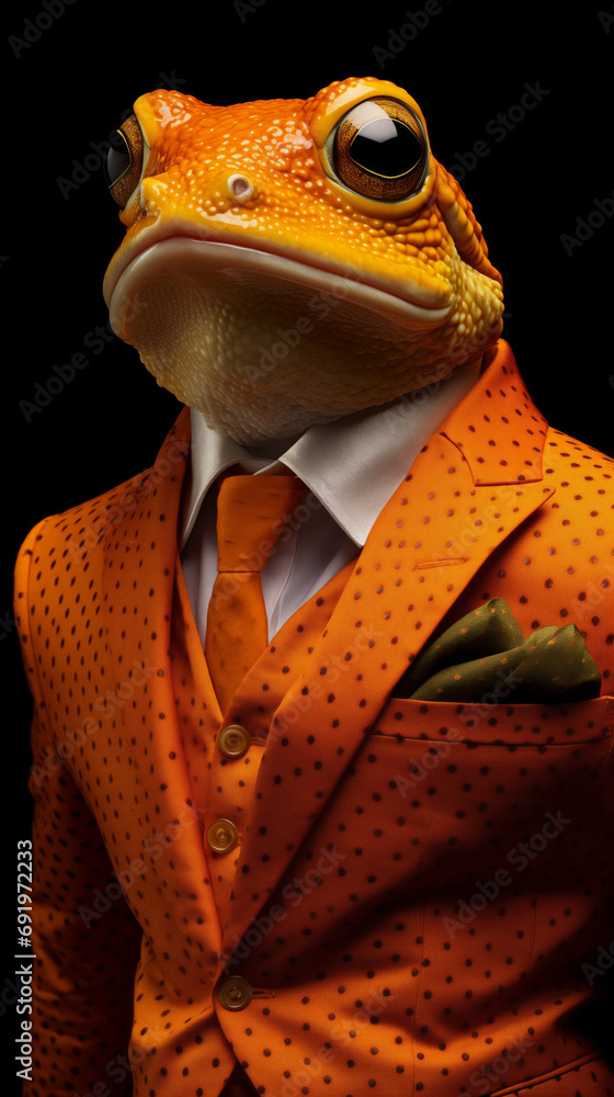Orange frog dressed in an elegant suit, standing as a confident leader ...