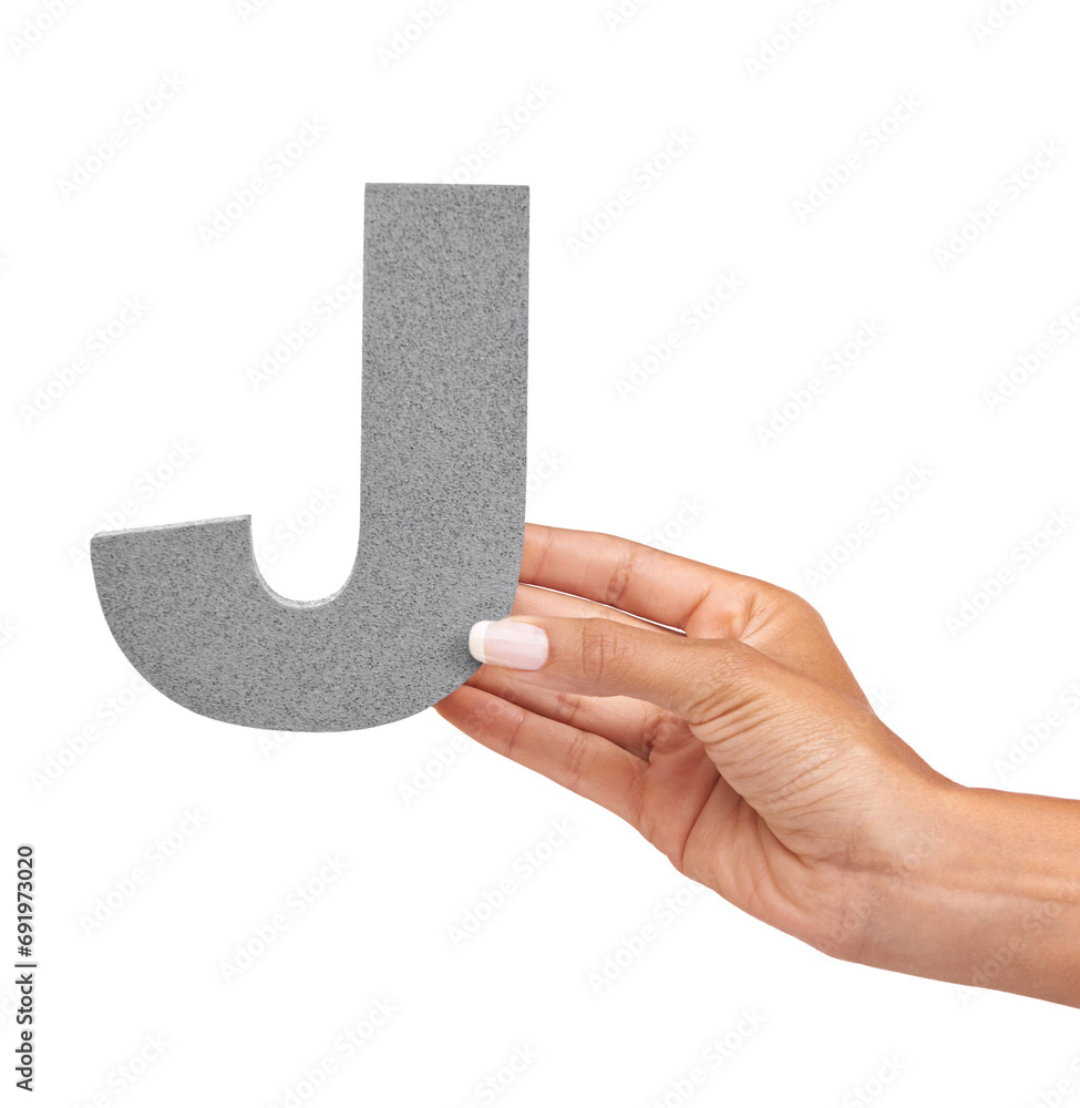 Hand of woman, capital letter J and presentation of consonant isolated ...