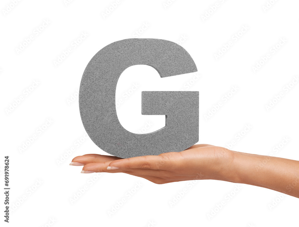 Hand, capital letter G and presentation of font consonant isolated on ...