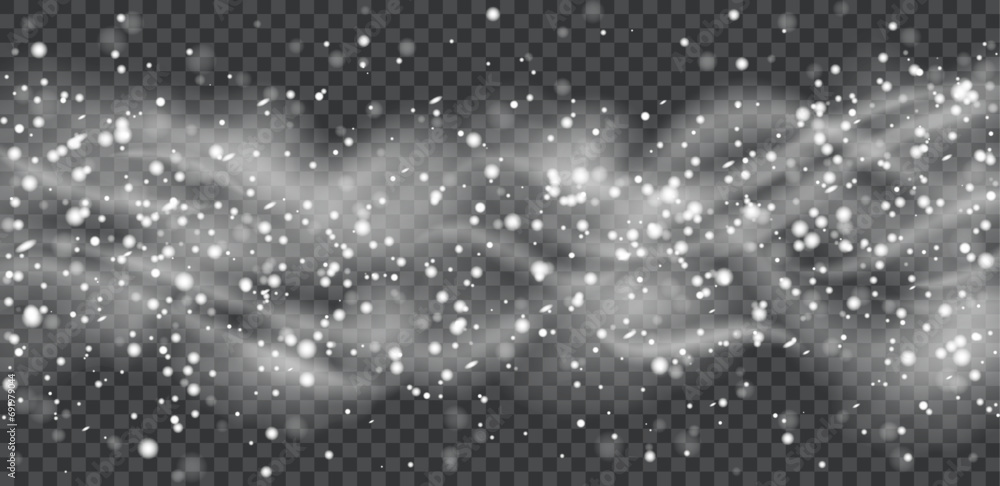 Falling realistic snowflakes, fog and wind on a transparent background ...