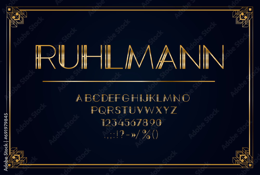Art deco font, elegant luxury type and golden letters typeface of 1920s ...