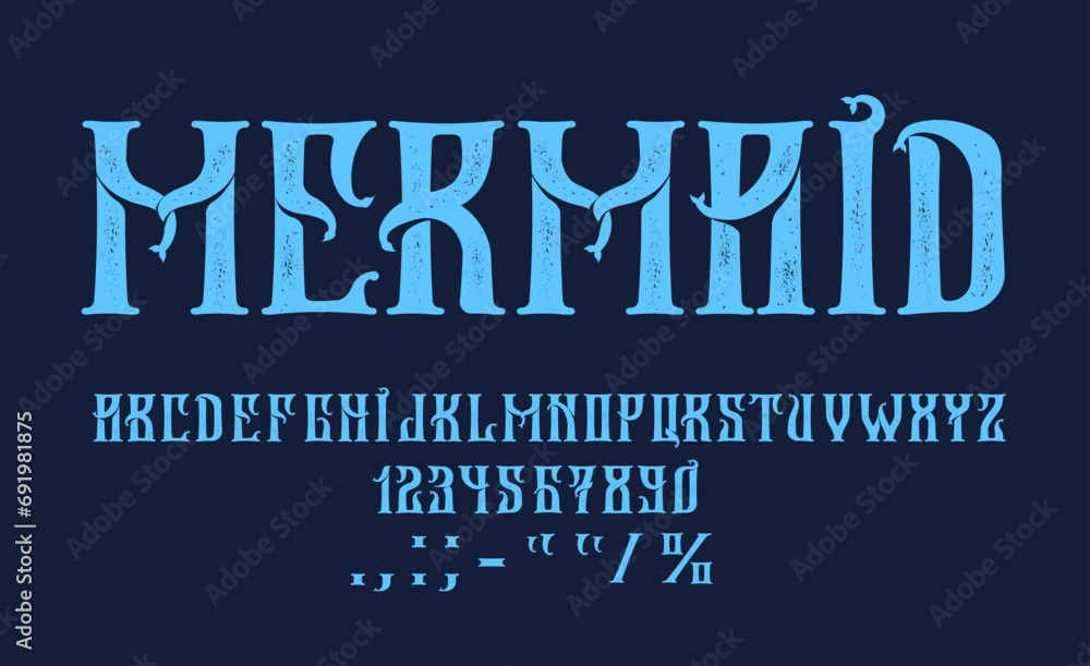 Marine mermaid font, retro sea type or vintage typeface of English ...