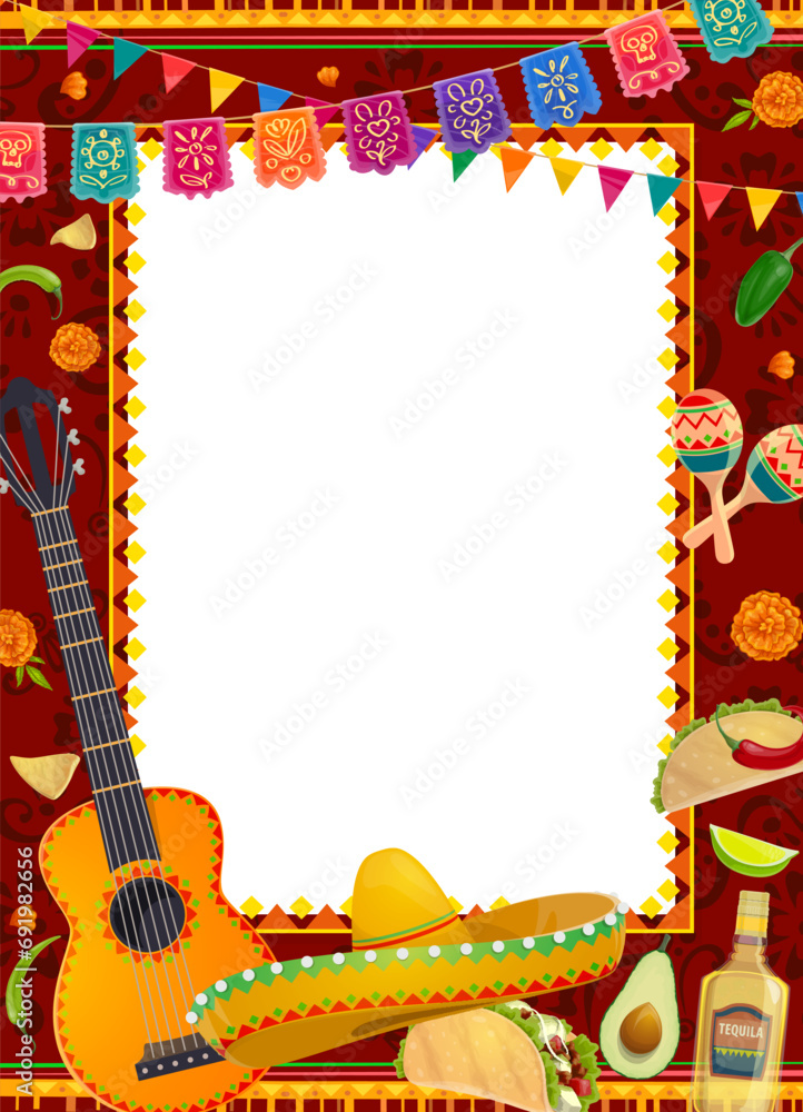 Mexican holiday frame with sombrero, guitar and maracas, vector ...