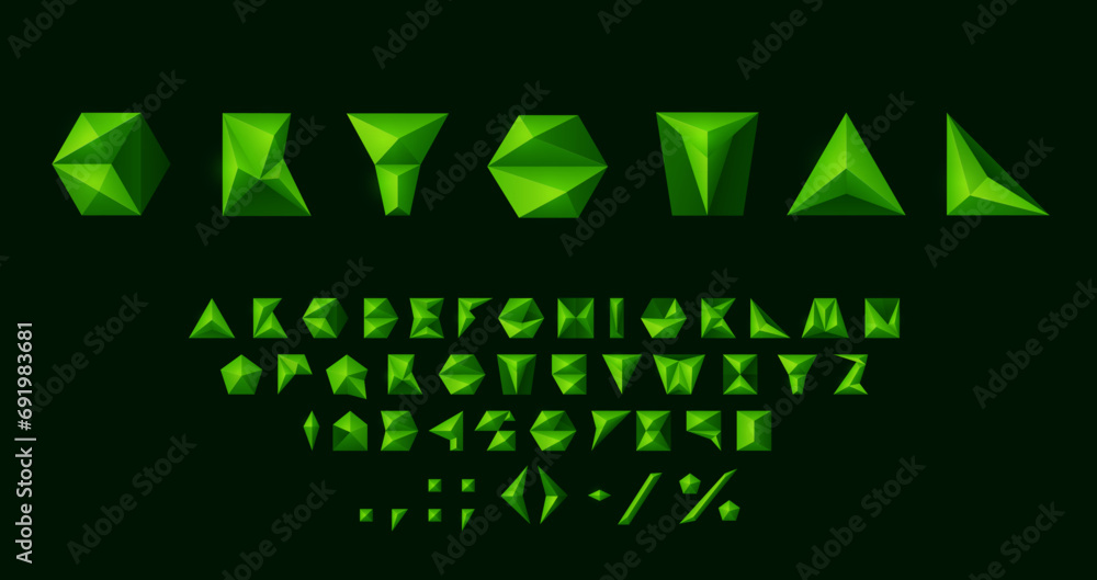 Emerald crystal font, 3D low poly type and green typeface, vector ...
