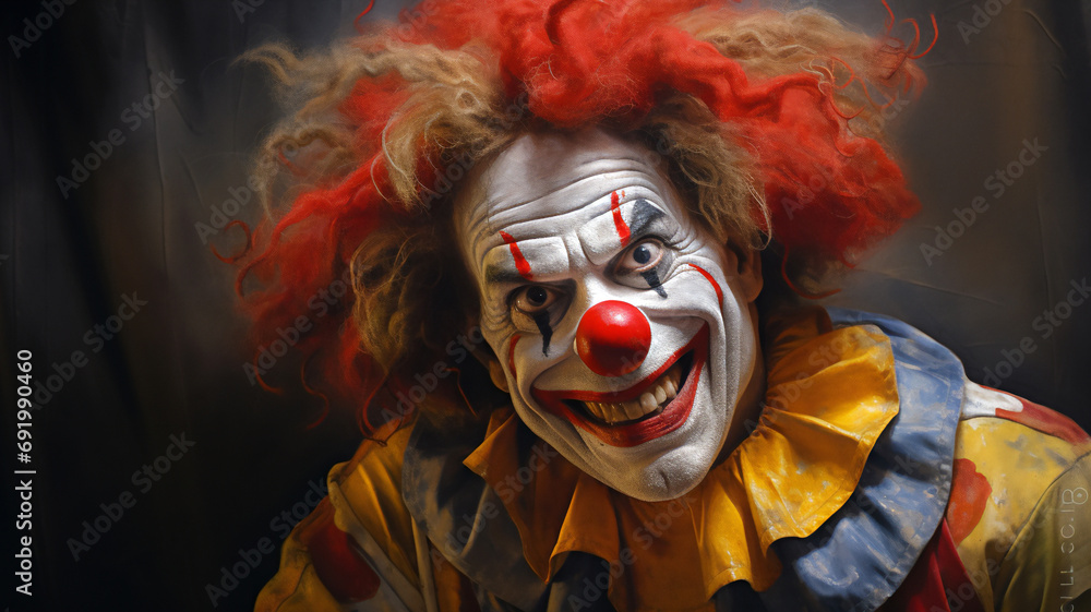 A sinister clown, the joker, wears a menacing smile, laughter in his ...